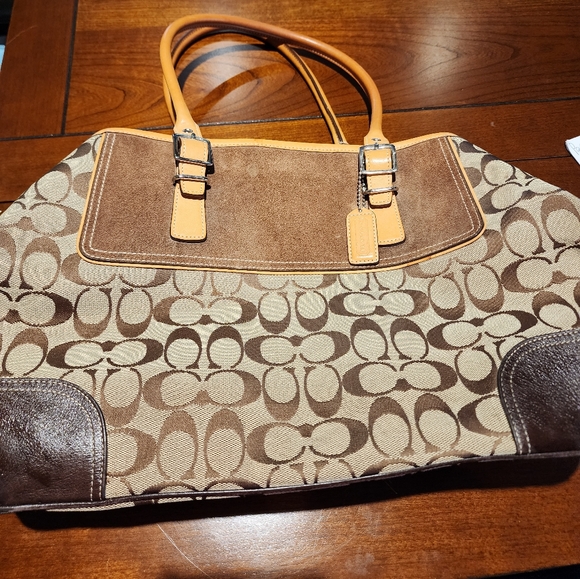 Coach | Bags | Coach Zoe Satchel Signature Monogram Canvas Suede Tote ...